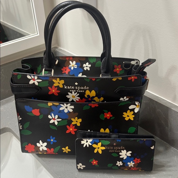 kate spade | Bags | Kate Spade Black Multicolor Floral Satchel Set ...